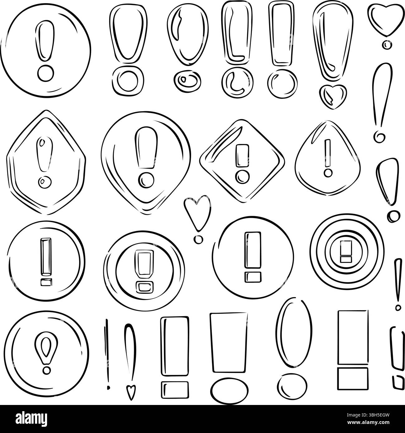 Vector set icons of abstract exclamation mark. Hand drawn rounded and ...