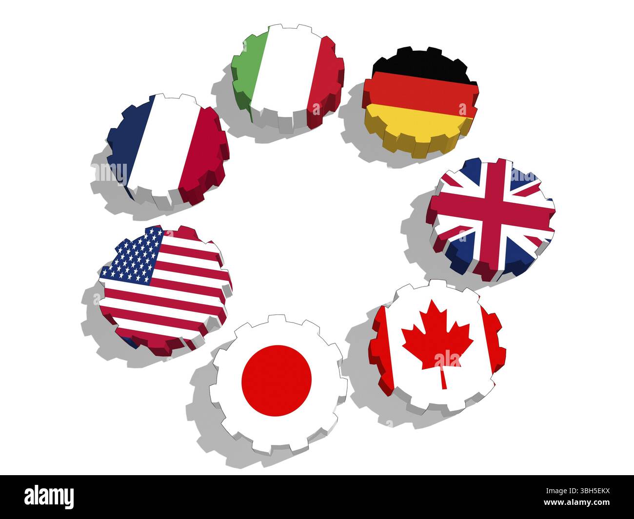 G7 association of seven national economies members flags on cog wheels ...