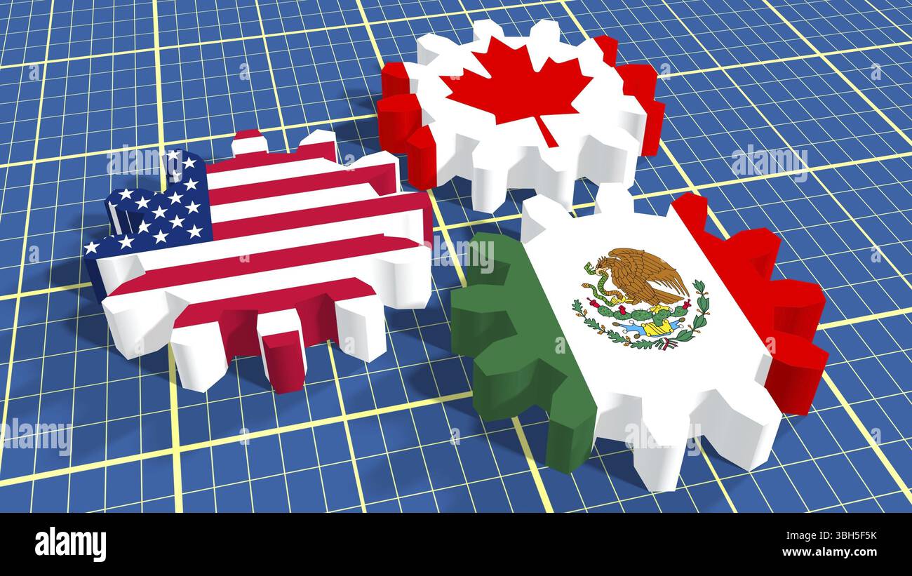 North American Free Trade Agreement members flags on cog wheels ...