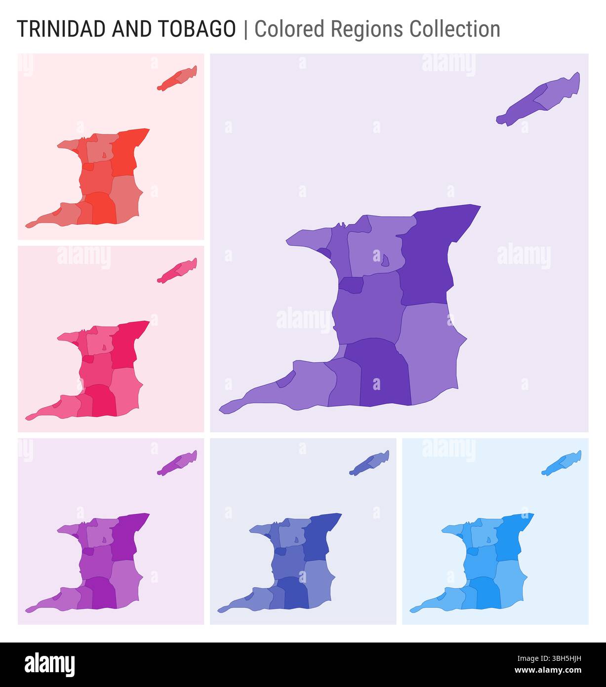 Trinidad and Tobago map collection. Country shape with colored regions. Deep Purple, Red, Pink ...