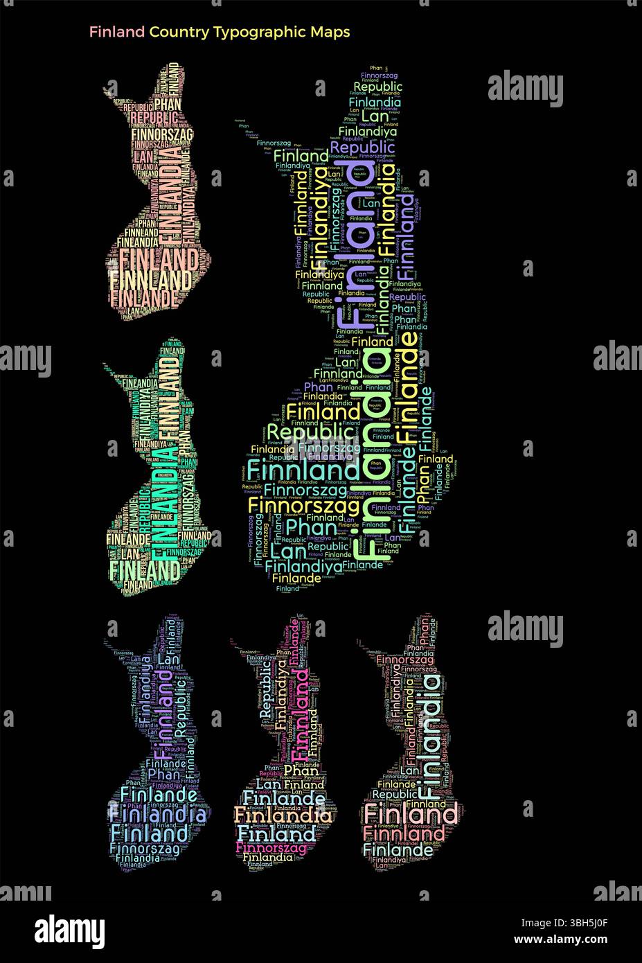 Finland. Set of typography style country illustrations. Finland map ...