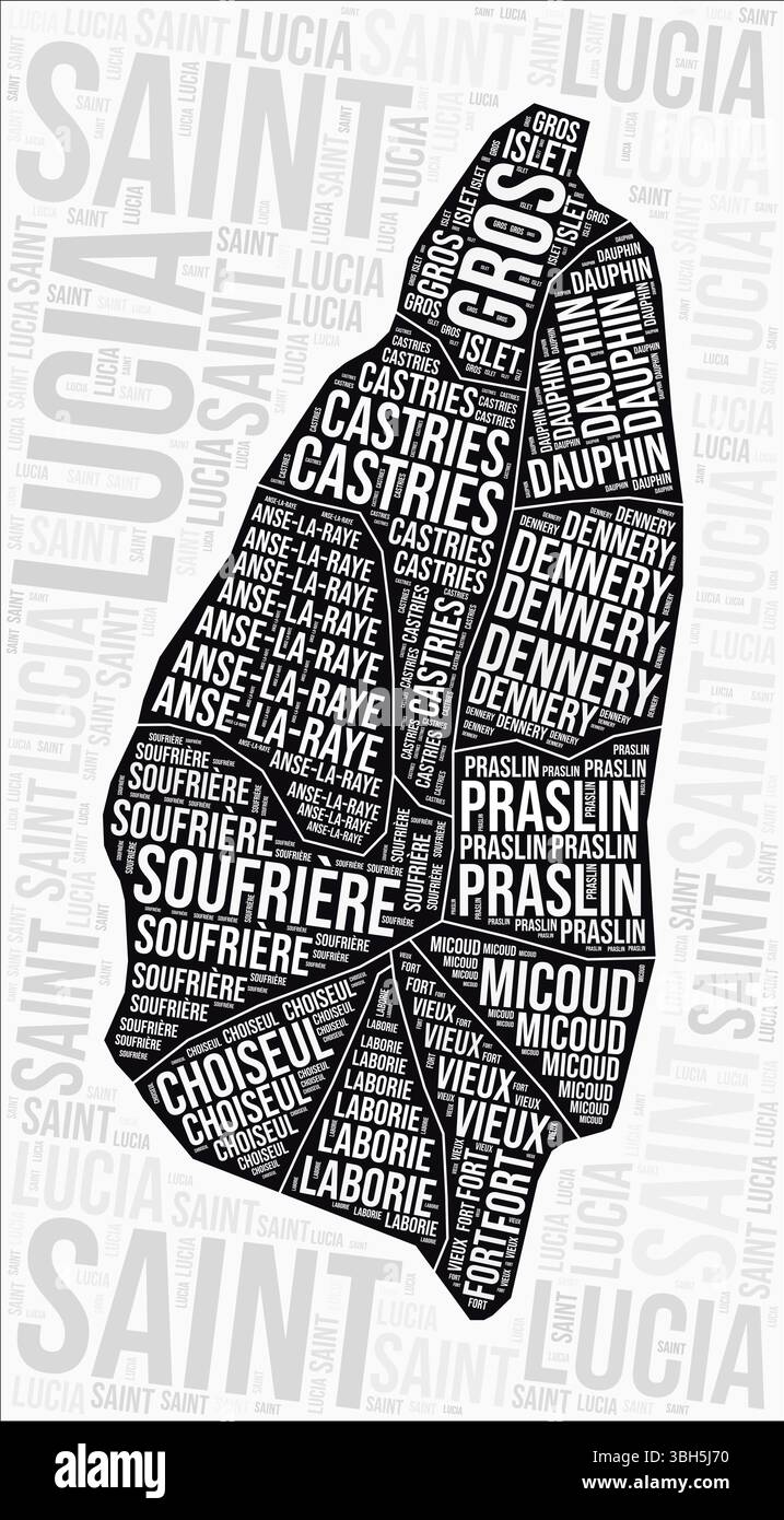 Saint Lucia regions map word cloud. Saint Lucia region names. Black and ...