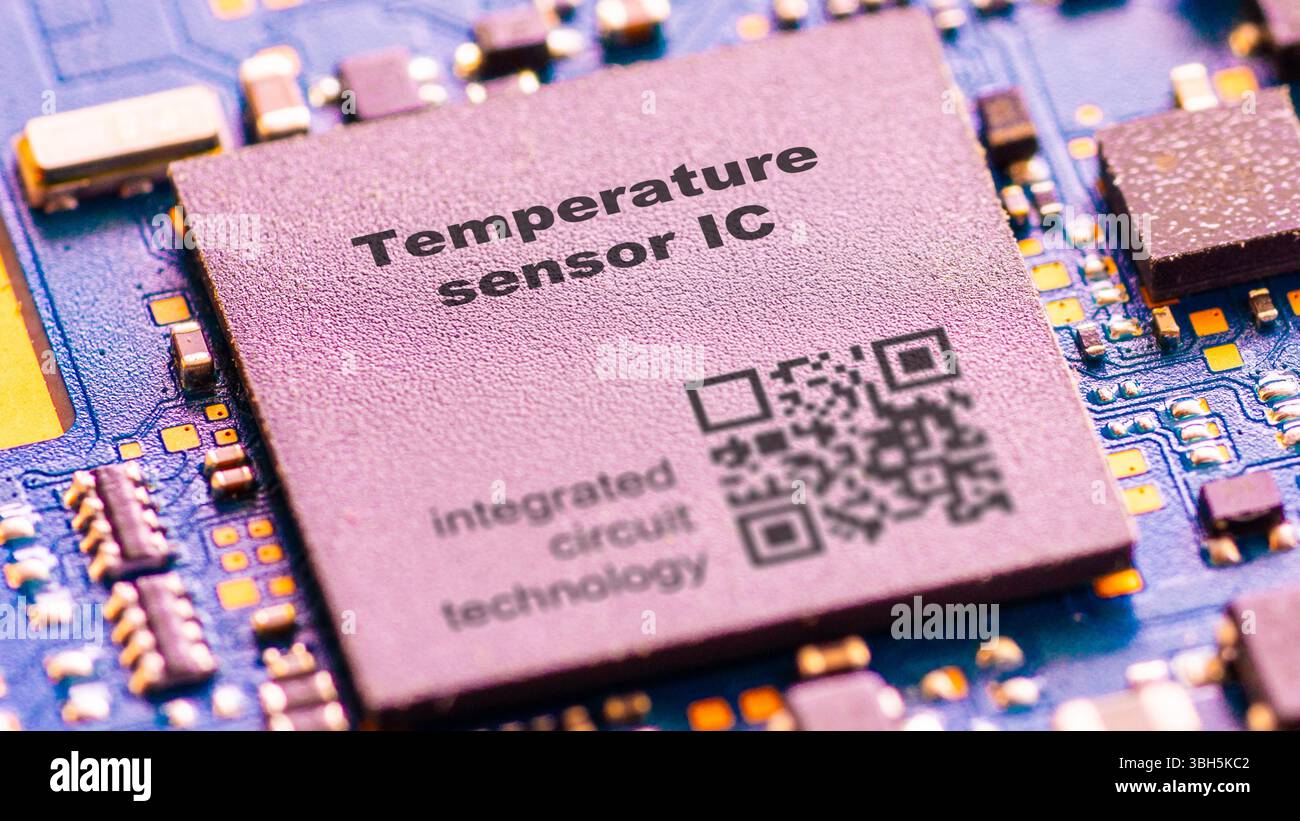Temperature sensor microchip. Measures temperature and outputs an analogue or digital signal ...