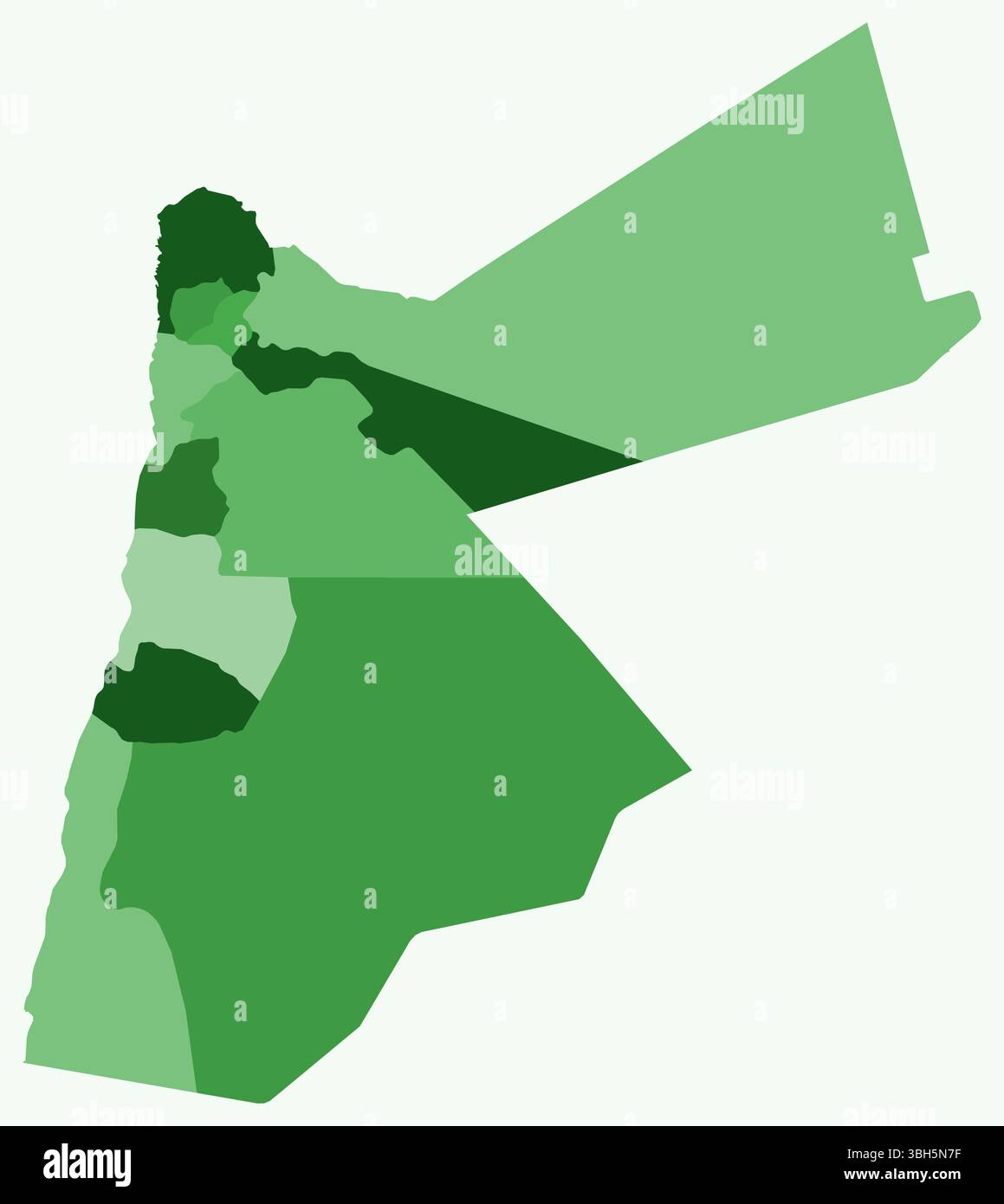 Map of Jordan with regions. Just a simple country border map with region division. Green color ...