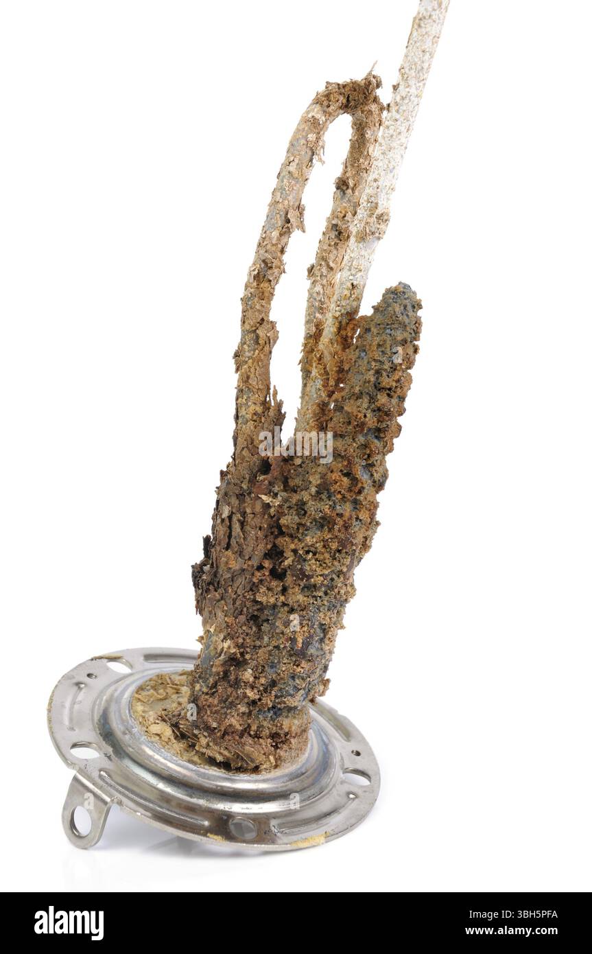 Heating element of water heater with scum and sediment isolated on ...