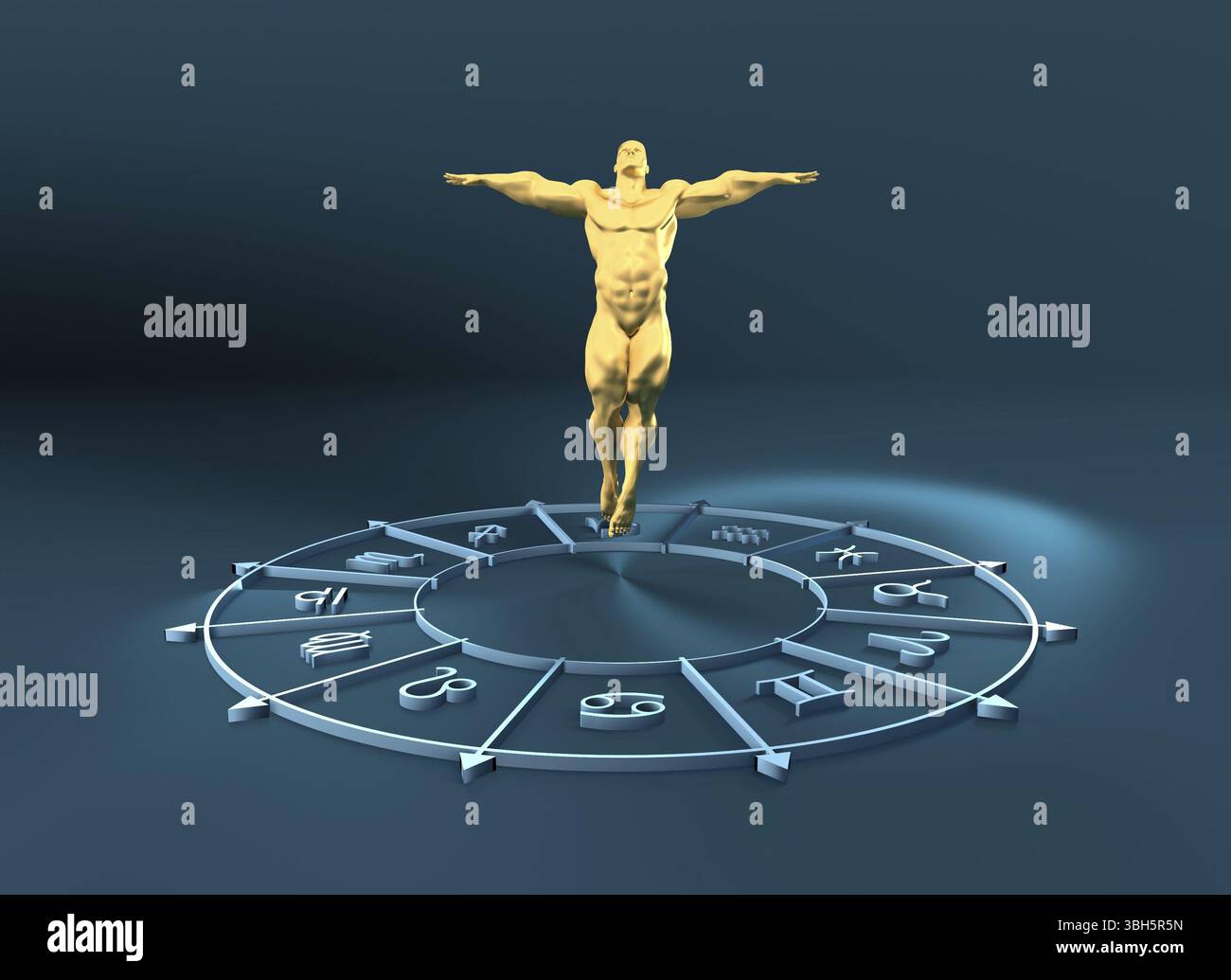 Golden astrological symbols in the circle. Muscular man fly out from ...