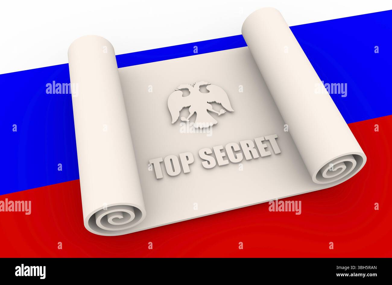 Top secret text on paper scroll background textured by Russian flag ...