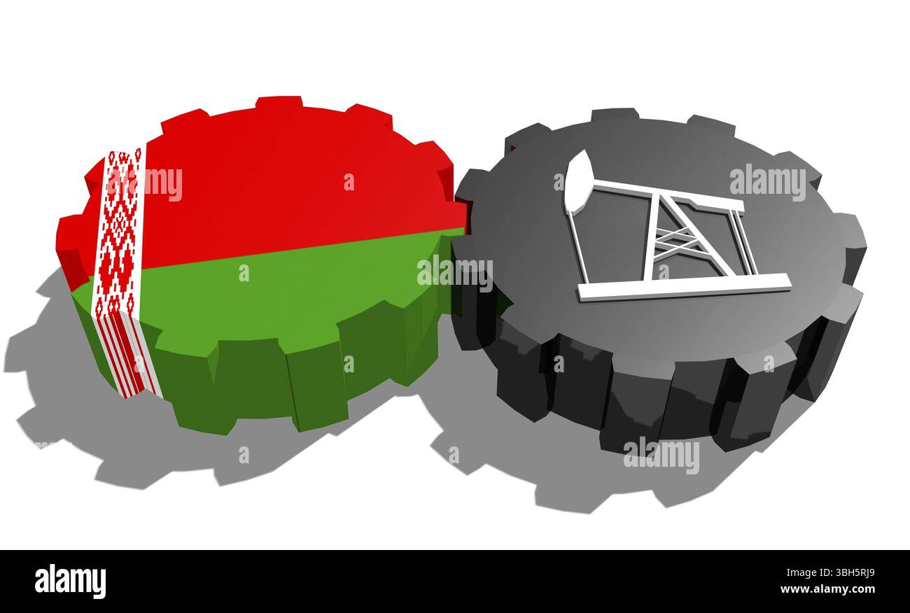 Cog wheels connection. Oil pump icon and Belarus flag on gears. Heavy ...
