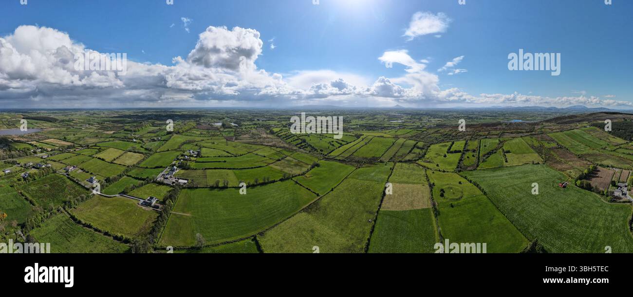 Aerial view on rural landscape in Ireland, Green grass fields divided ...