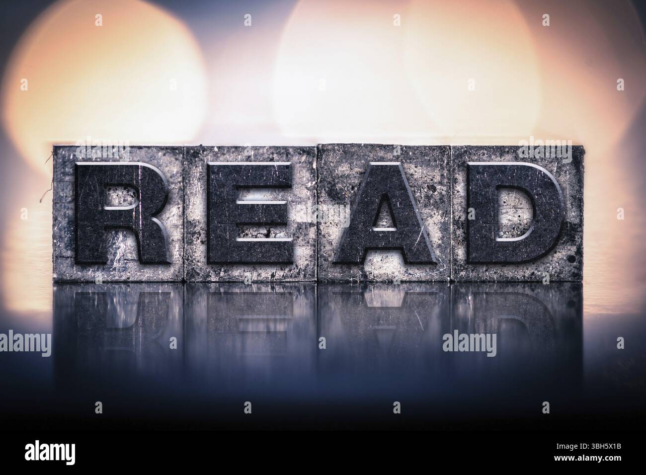 The word READ written in vintage ink stained letterpress type Stock ...