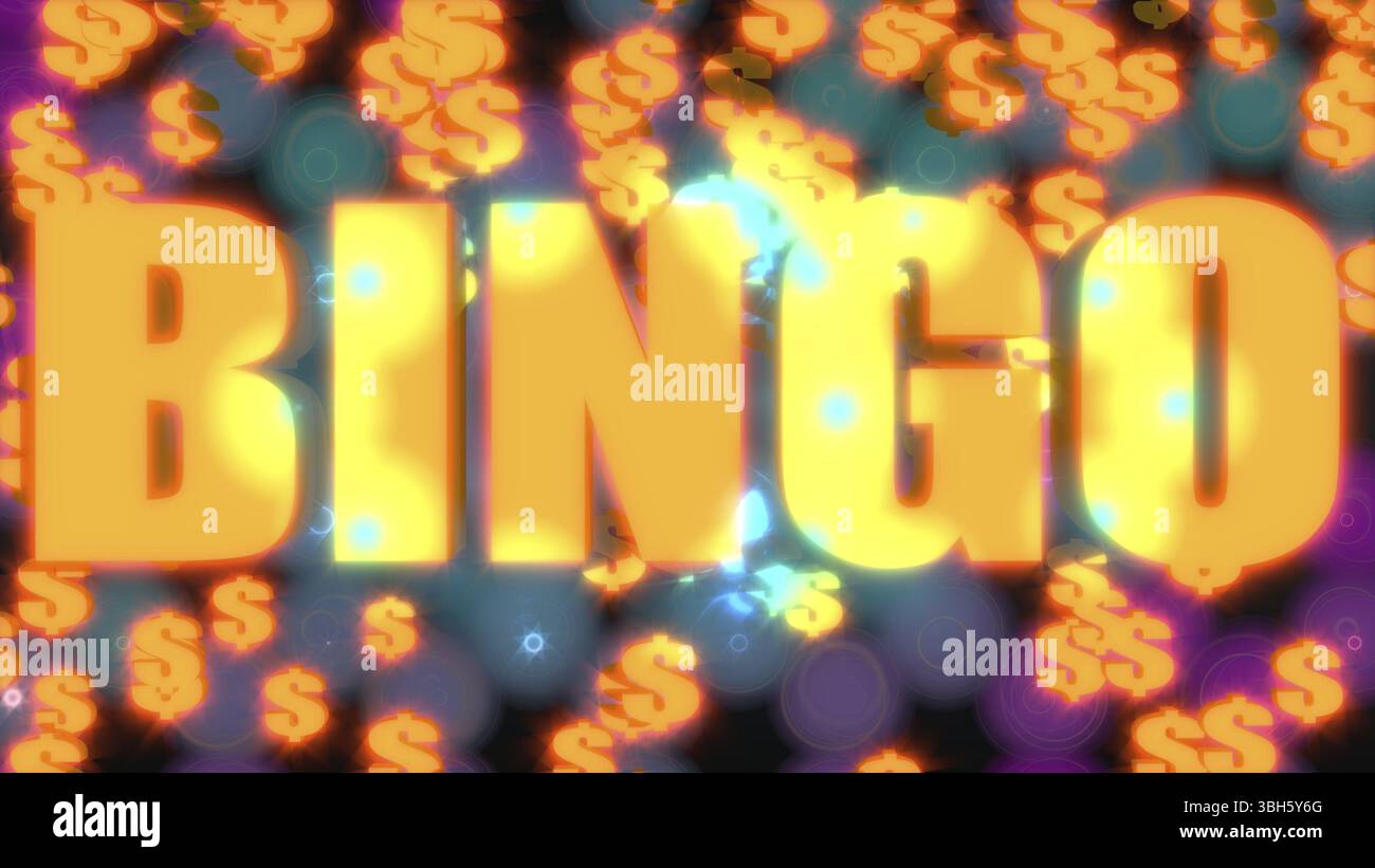 Shining bingo word and small flying money sign. 3D rendering Stock ...