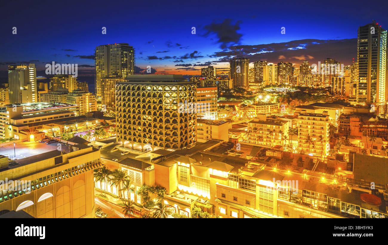 Aerial view night life of Waikiki skyline in Oahu island Hawaii, United ...