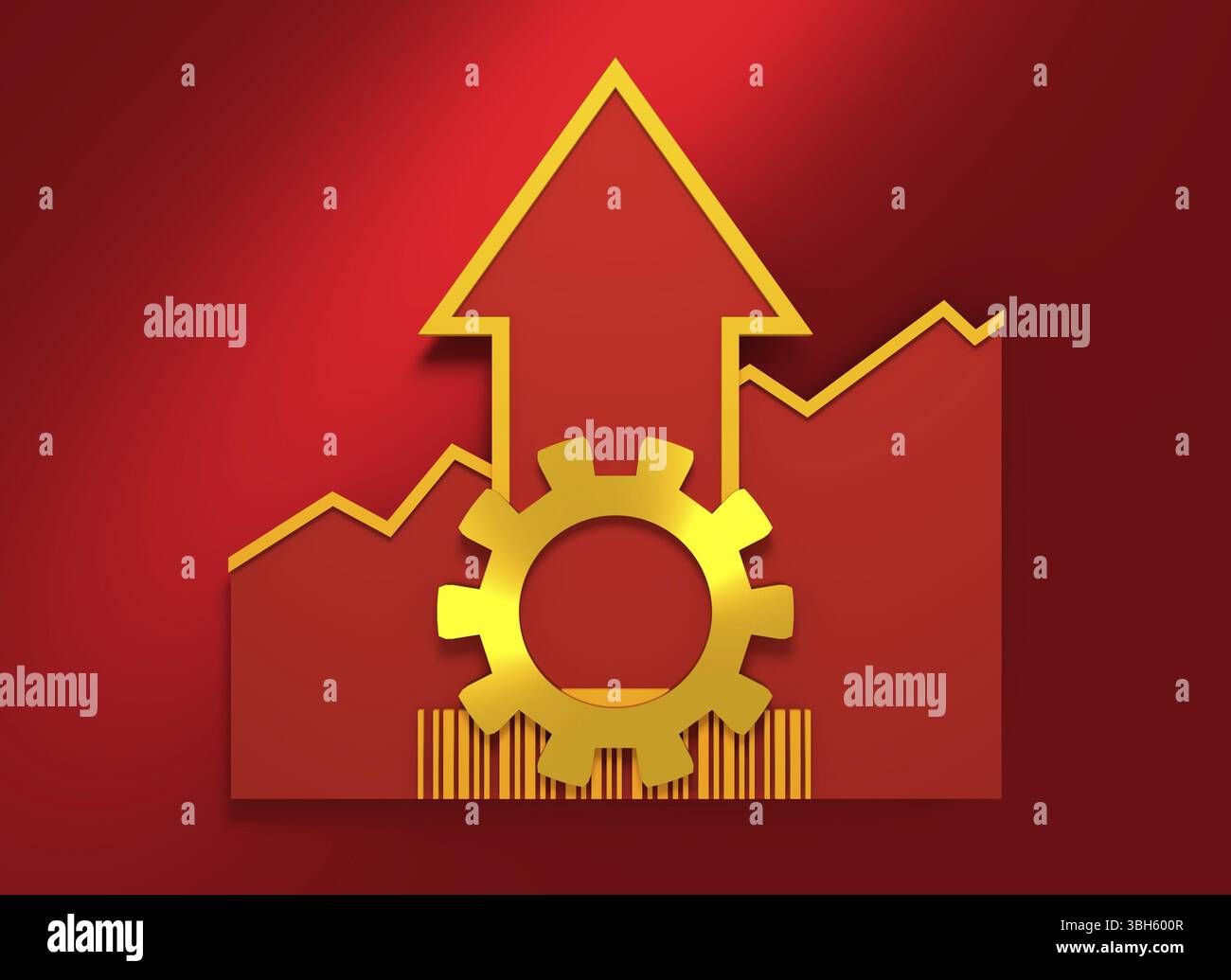 Cog wheel icon and rise up arrow. Growth diagram and bar code. 3D ...