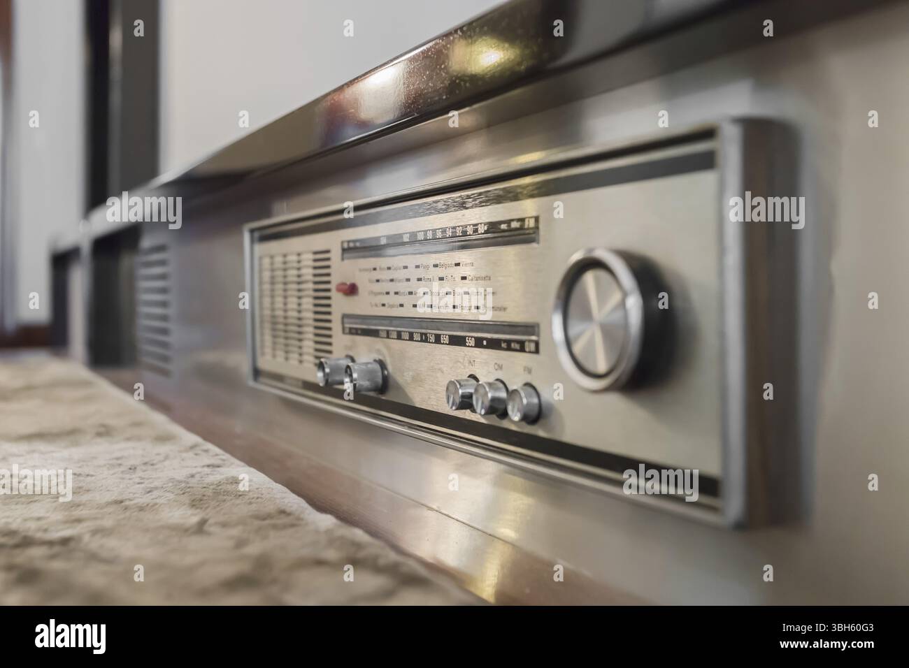 Wood vintage antique analog radio with radio dial. Retro technology ...