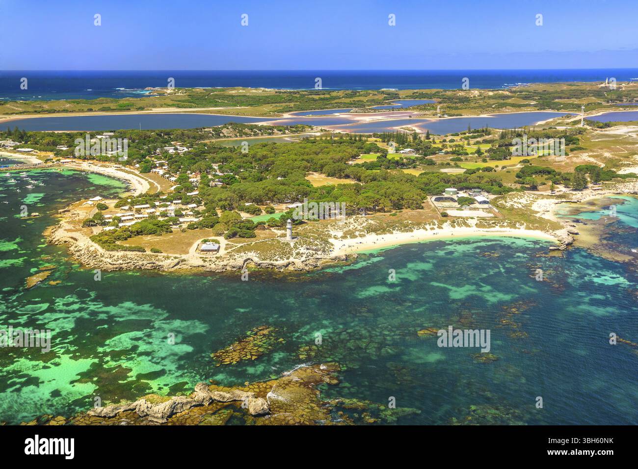Aerial view of Bathurst Lighthouse and Pinky Beach in Rottnest Island ...