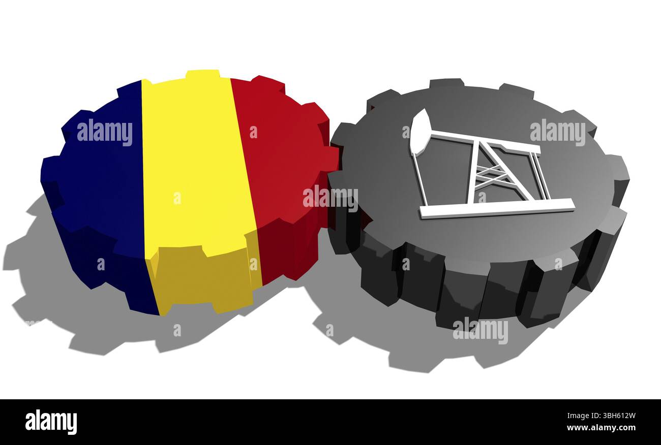 Cog wheels connection. Oil pump icon and Chad flag on gears. Heavy and ...