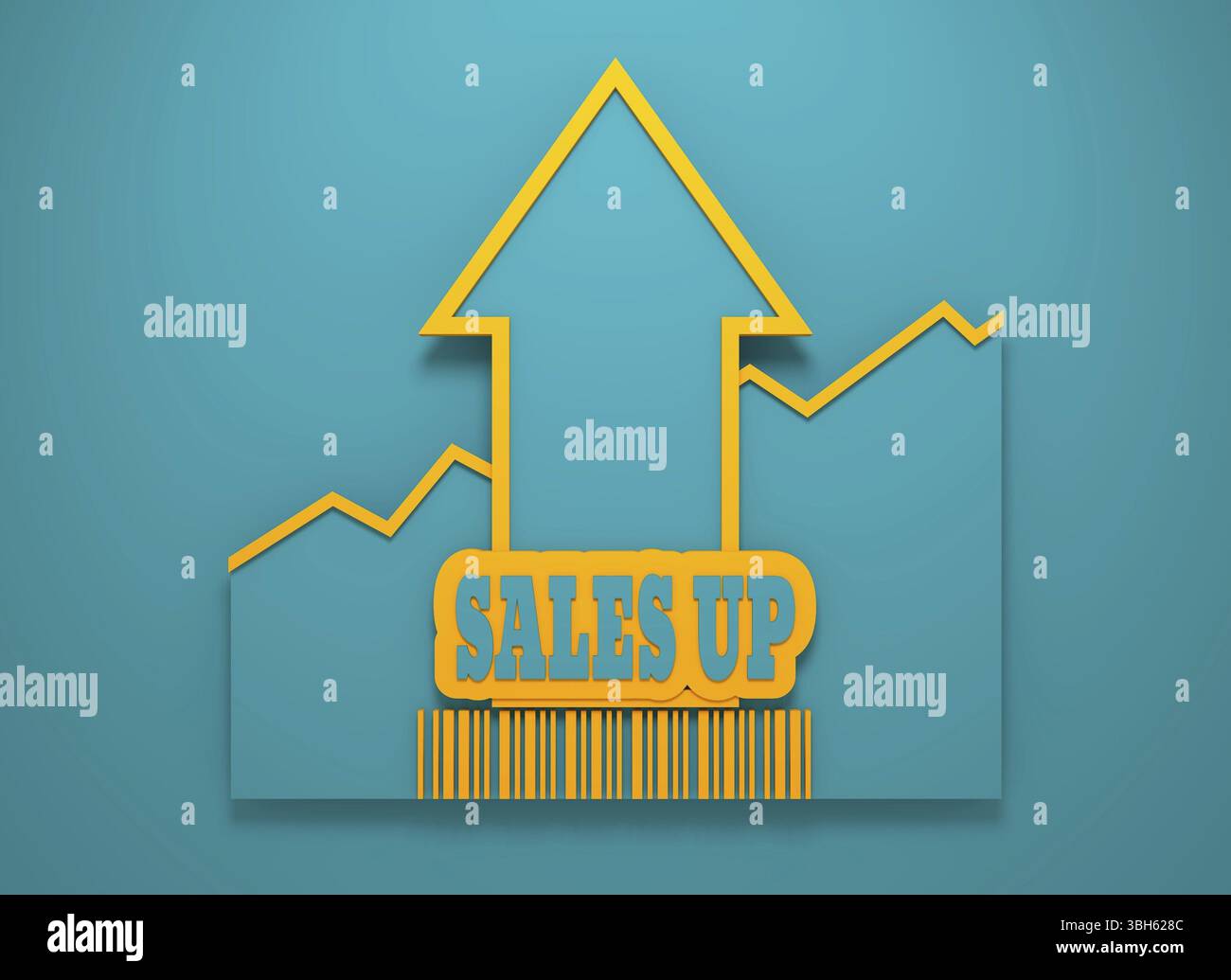 Sales up text and rise up arrow. Growth diagram and bar code. Relative ...