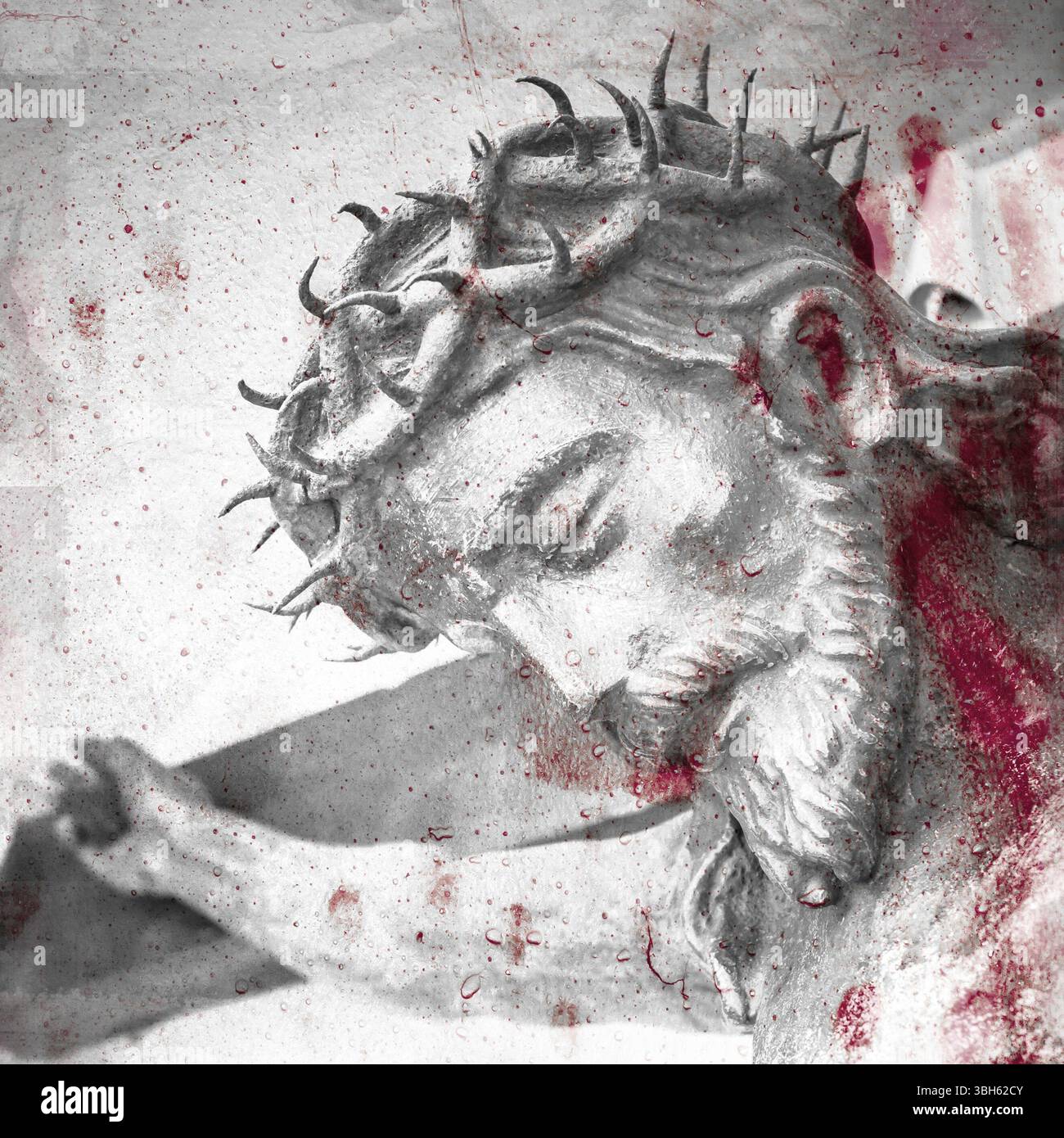The suffering of Jesus Christ. Details of the bronze statue with blood ...