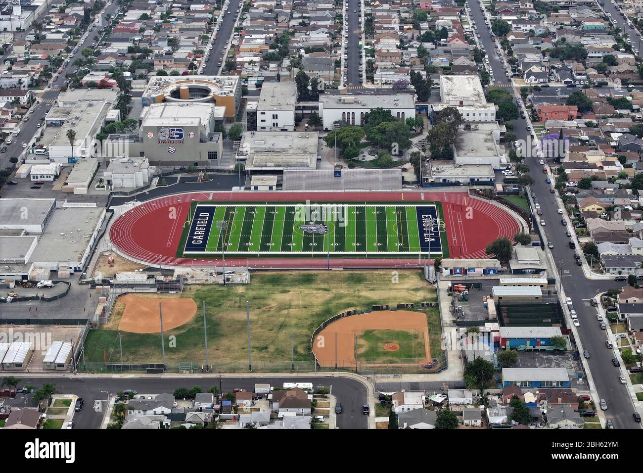 A general overall aerial view of the track and football field at ...