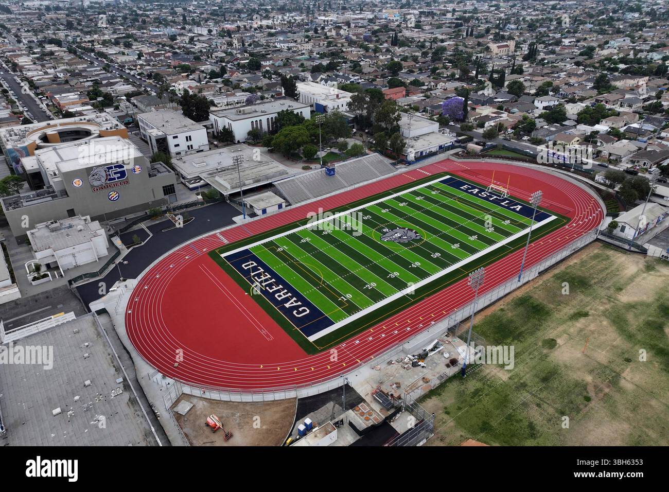 A general overall aerial view of the track and football field at ...