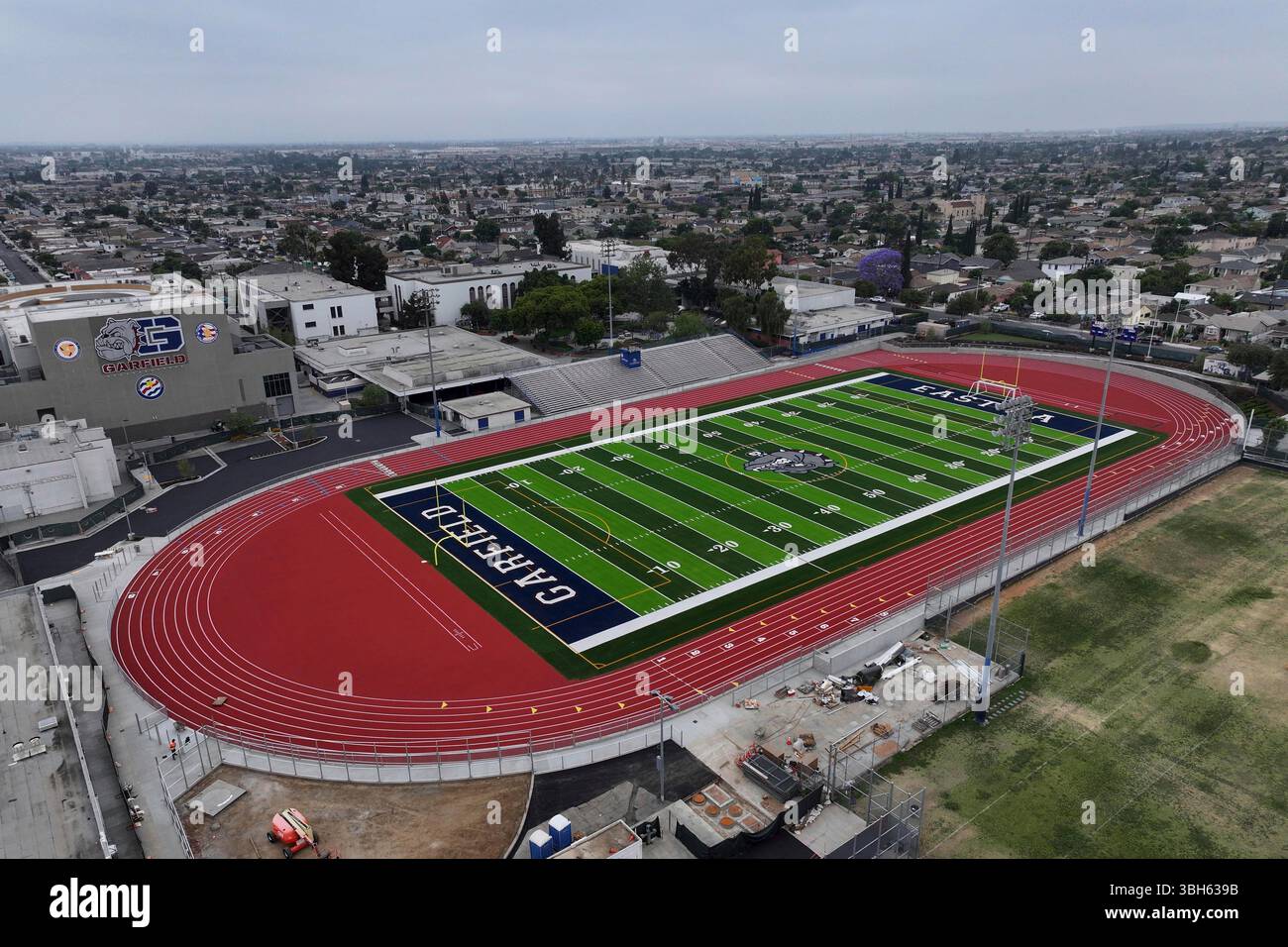 A general overall aerial view of the track and football field at ...
