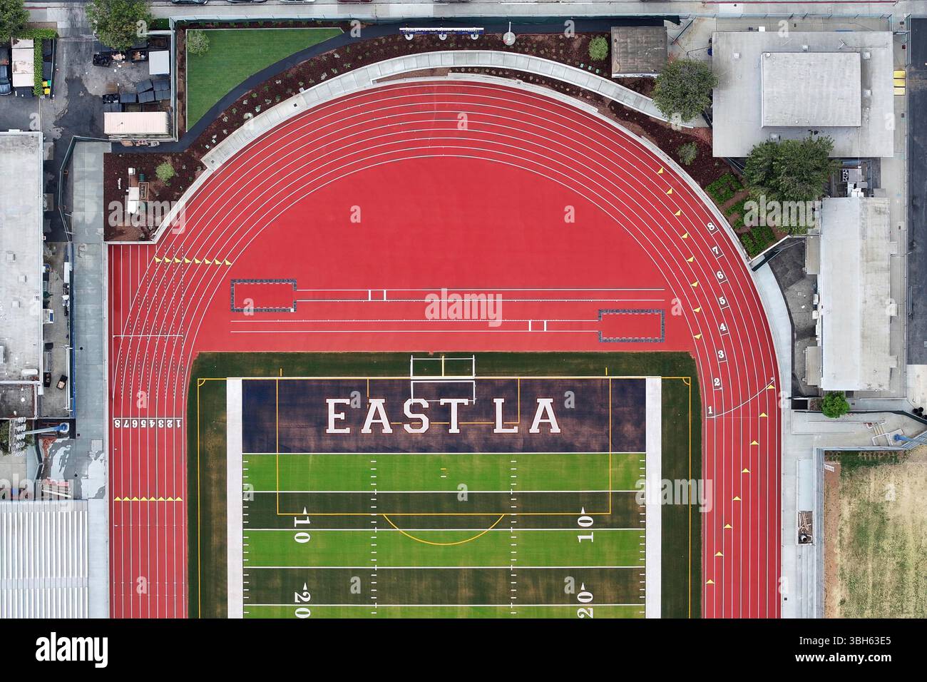 The words East LA in the end zone of the football field at Garfield ...