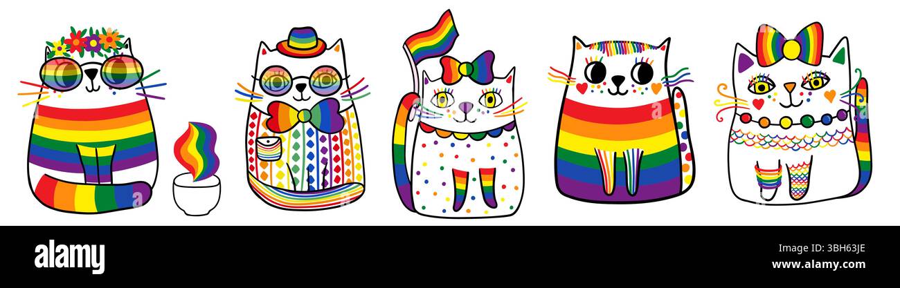 Cute hand drawn vector cat set in rainbow LGBT pride flag colors ...