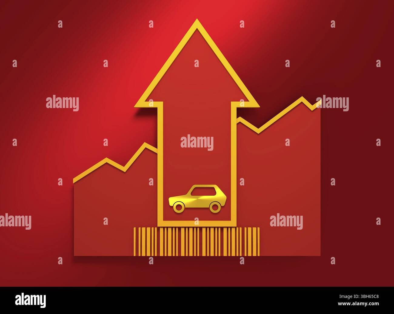 Car i icon and rise up arrow. Growth diagram and bar code. 3D rendering ...