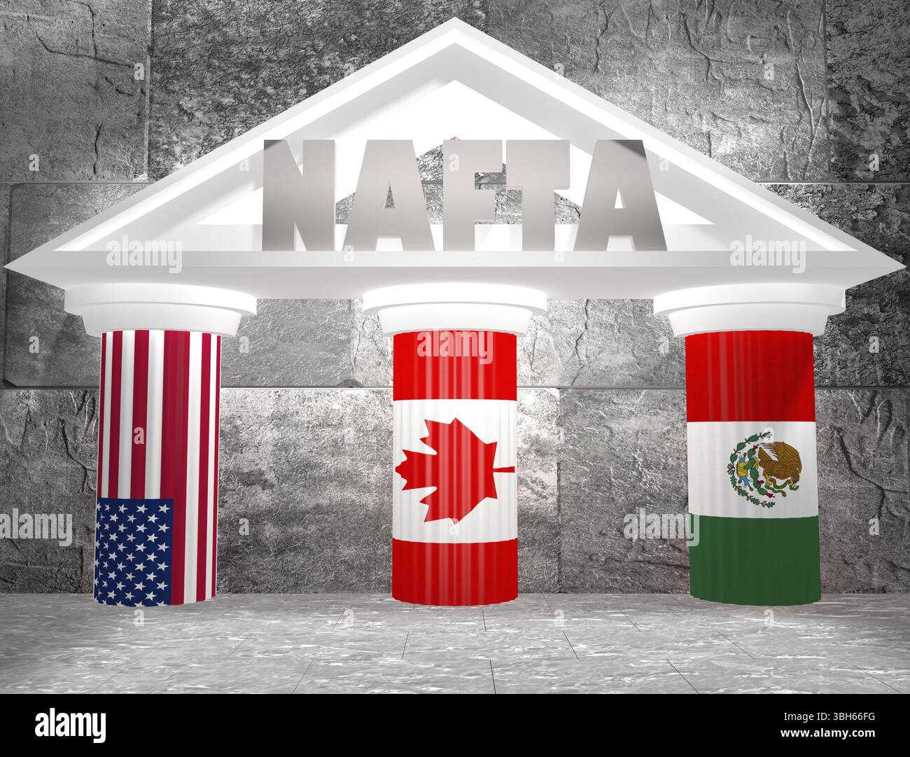 North American Free Trade Agreement members flags on temple columns ...