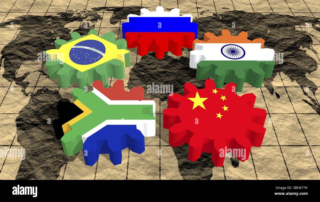 BRICS - association of five major emerging national economies members flags on gears. World map ...