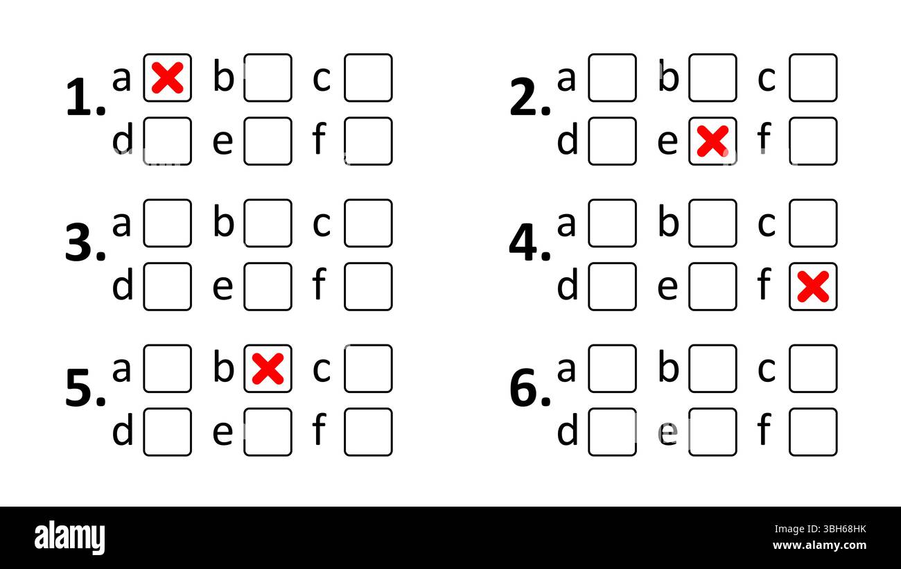 Online test form with checkboxes and some ticks on white background ...