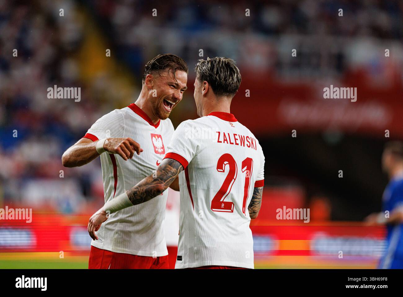 Chorzow, Poland. 6th June, 2025. Matty Cash and Nicola Zalewski seen ...