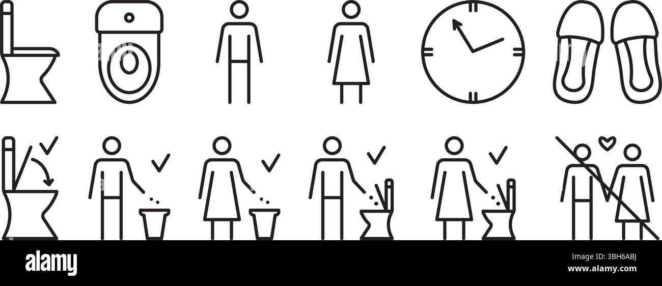 Black line icon set for public toilets, WC vector outline signs ...