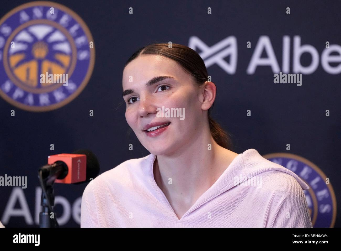 LA Sparks center Masha Kliundikova during press conference, Tuesday, May 13, 2025, in Los ...