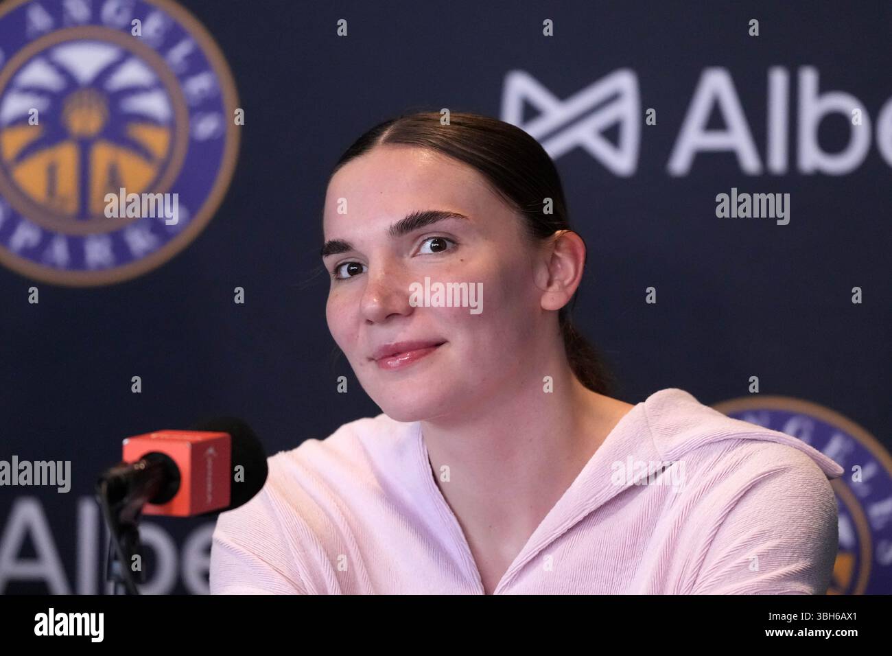 LA Sparks center Masha Kliundikova during press conference, Tuesday, May 13, 2025, in Los ...