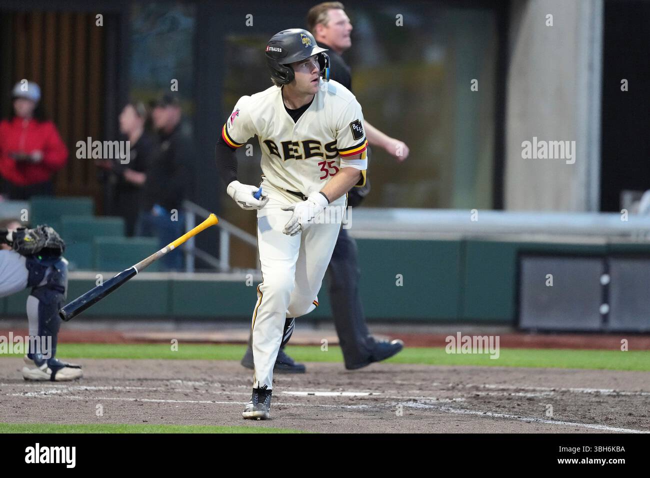 June 7 2025: Salt Lake shortstop Chad Stevens (35) gets a hit during ...