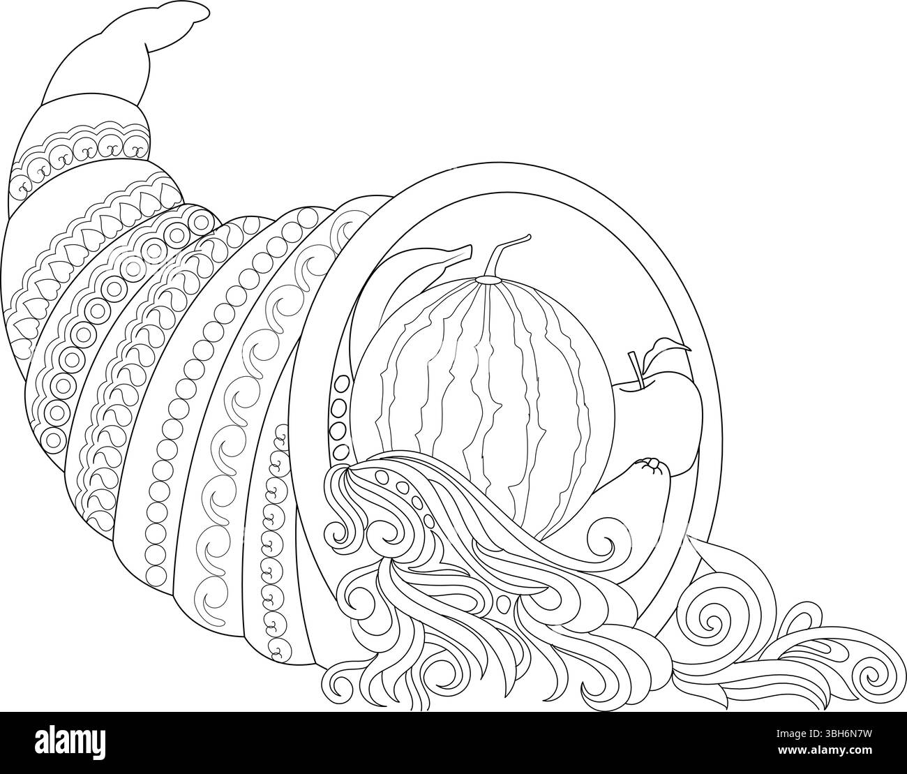 Black and white outline drawing of a cornucopia filled with harvest ...