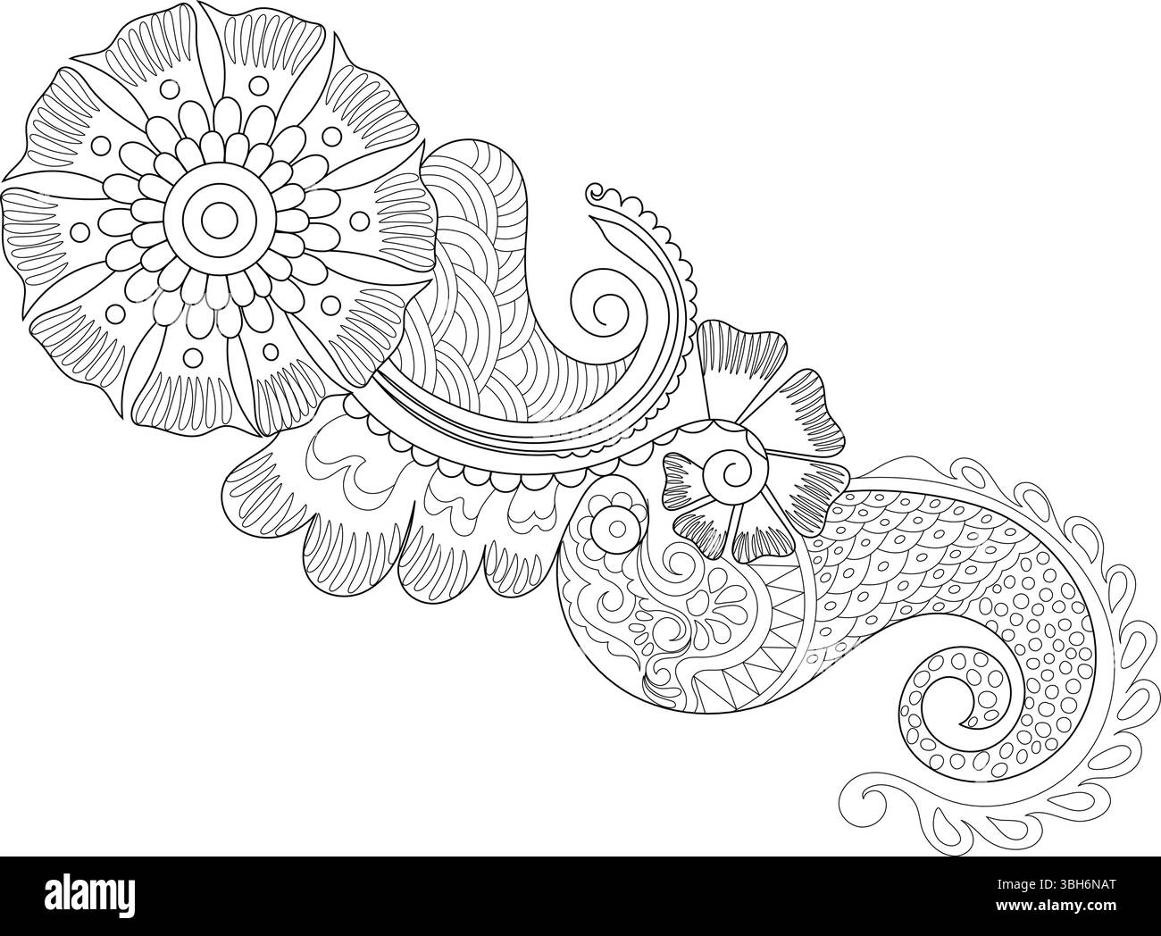 Detailed black and white line art illustration of a decorative floral ...