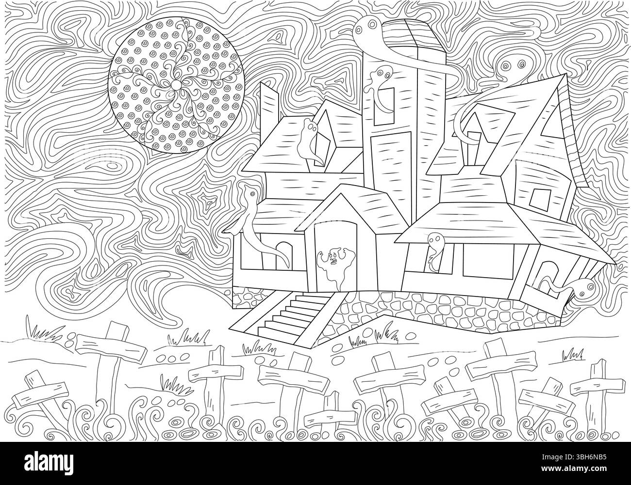 Detailed black and white line art illustration featuring a mysterious ...