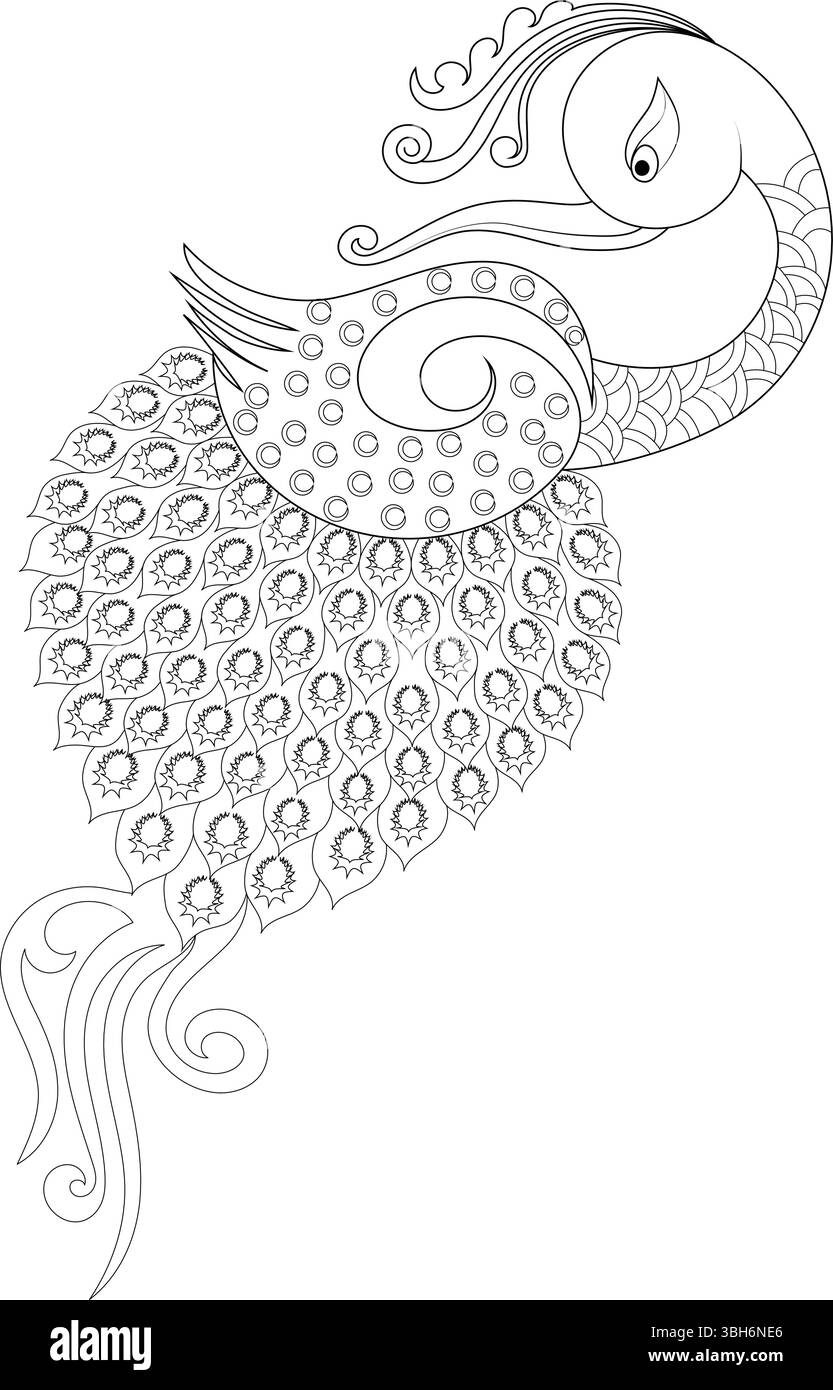 An intricate black and white outline illustration of a stylized bird ...