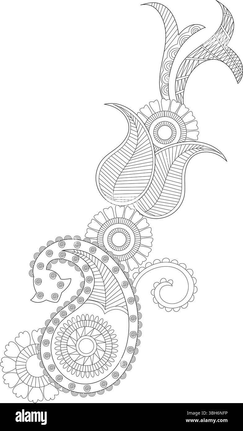 Detailed black and white line drawing featuring a traditional henna and ...