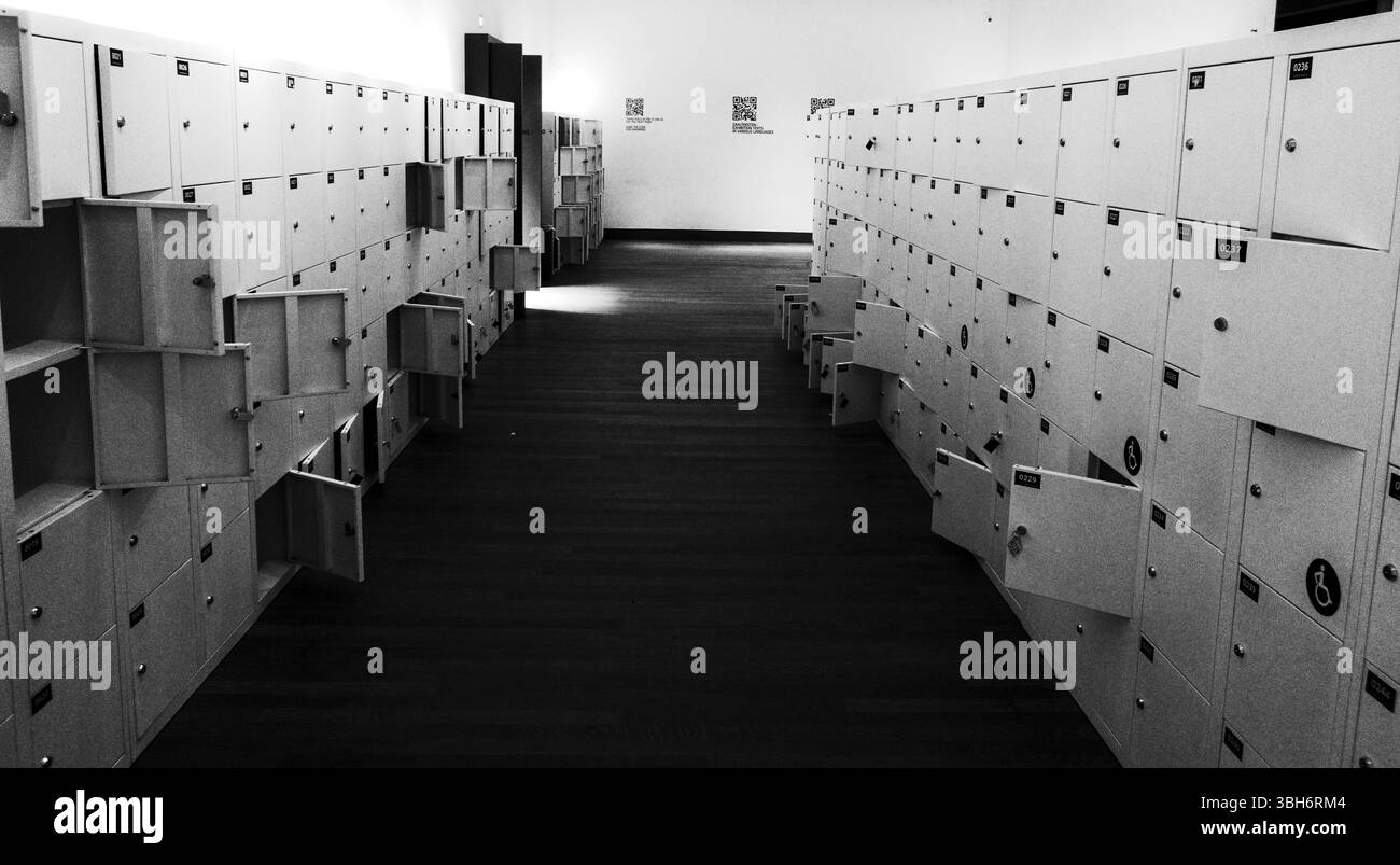 Room with lockers some open most closed in black and white Stock Photo ...