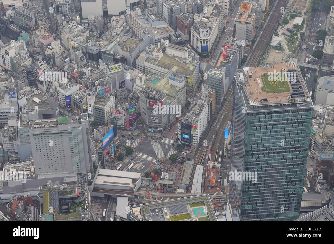 An aerial photo shows the area around Shibuya Station, where large ...