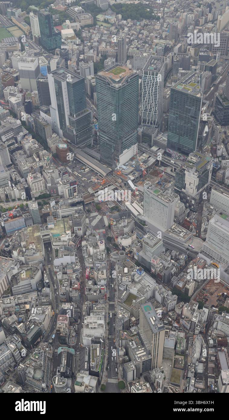 An aerial photo shows the area around Shibuya Station, where large ...