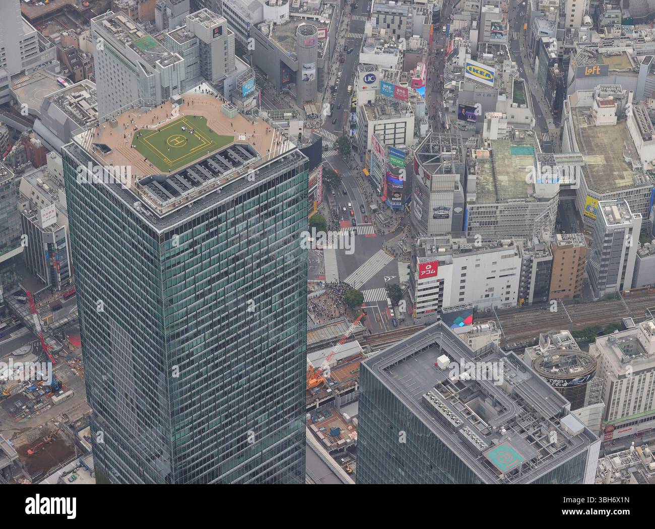 An aerial photo shows the area around Shibuya Station, where large ...