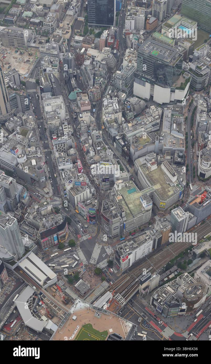An aerial photo shows the area around Shibuya Station, where large ...