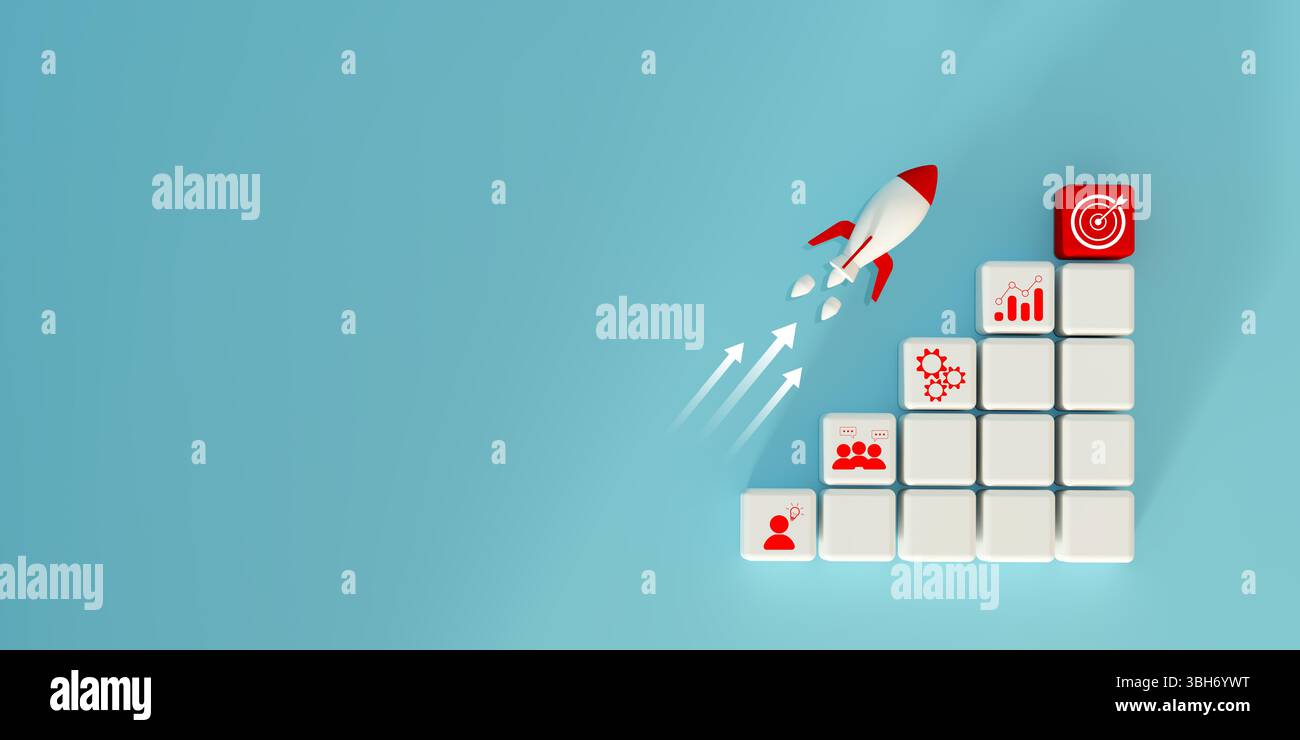 3D rendering of rocket launching upward with arrows and success icons ...