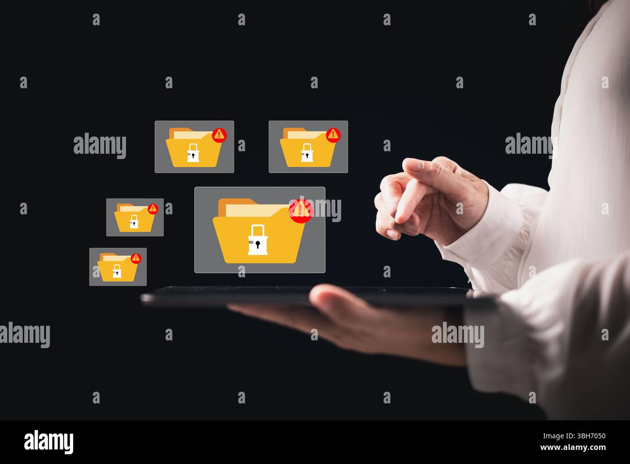 Cybersecurity warning on data folders with lock icons and red warning ...