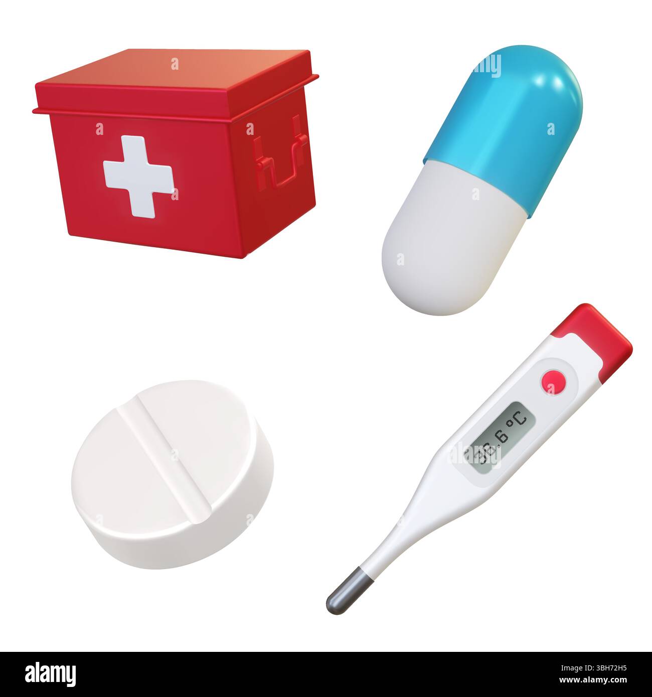 3d Realistic drops of blood, first aid kit box, electronic medical thermometer for measuring ...