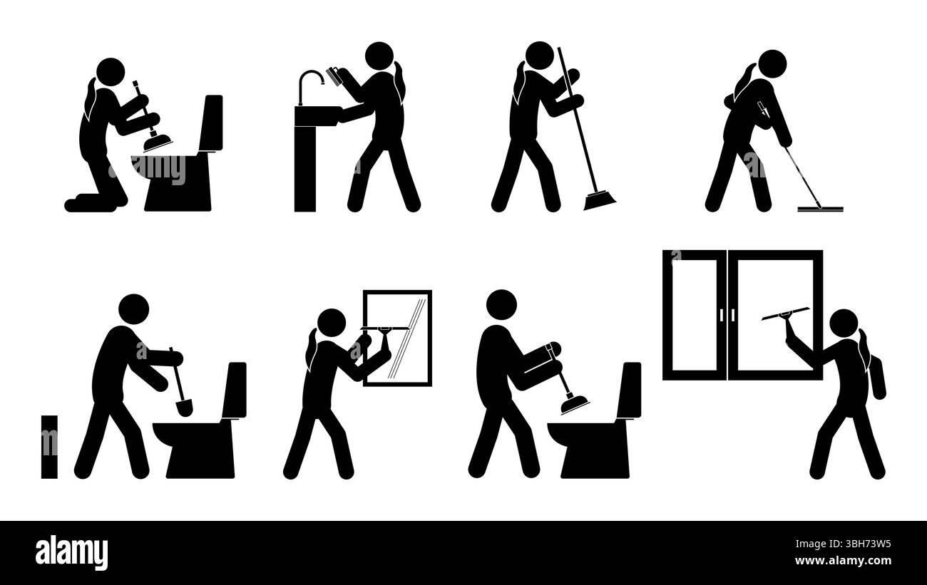 Set of stick figures, cleaning in the bathroom, flat vector ...